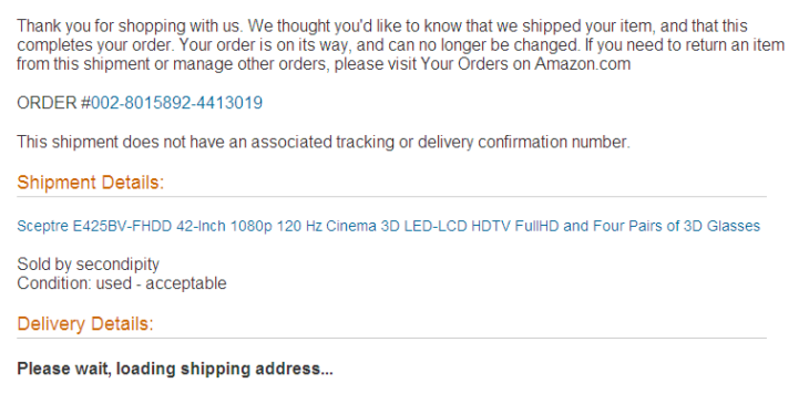 Amazon spam: "Your Order Processed Today"